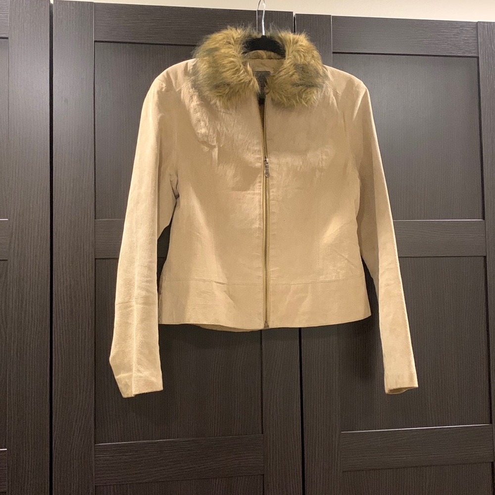 Genuine Suede Bomber Jacket W/Fur Collar - Gem